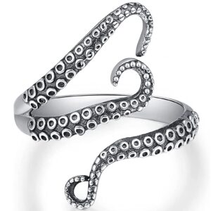 hj huaj 925 sterling silver octopus ring for men women adjustable ring new pirate octopus tentacles black opening ring cute sea animal jewelry for women