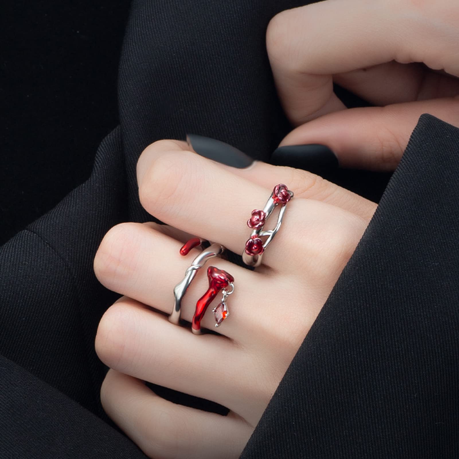 Yumikoo Red Rose Ring Set Adjustable Enamel Copper Stacking Rings 2Pcs for Women