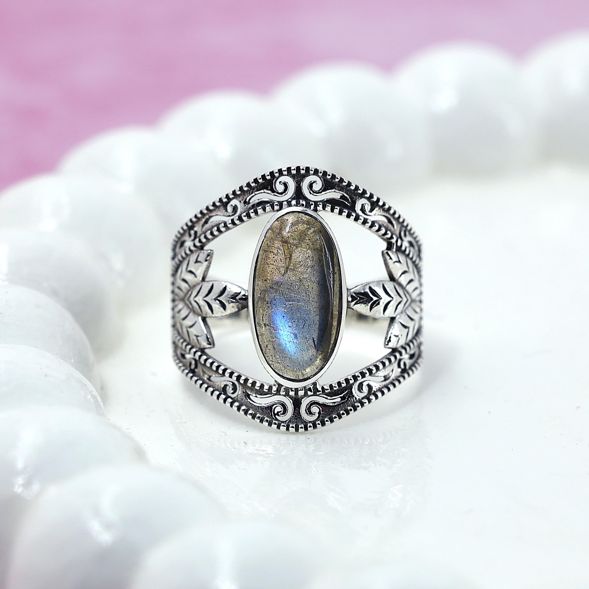 Silver Eternity 6x12 mm Labradorite Designer Ring Gemstone Jewelry (7)