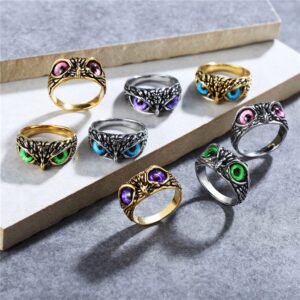 ANIEJUFI Stainless Steel Demon Eye Owl Ring Retro Animal Statement Rings for Women Men Jewelry Gift Silver Green Eyes Size 13