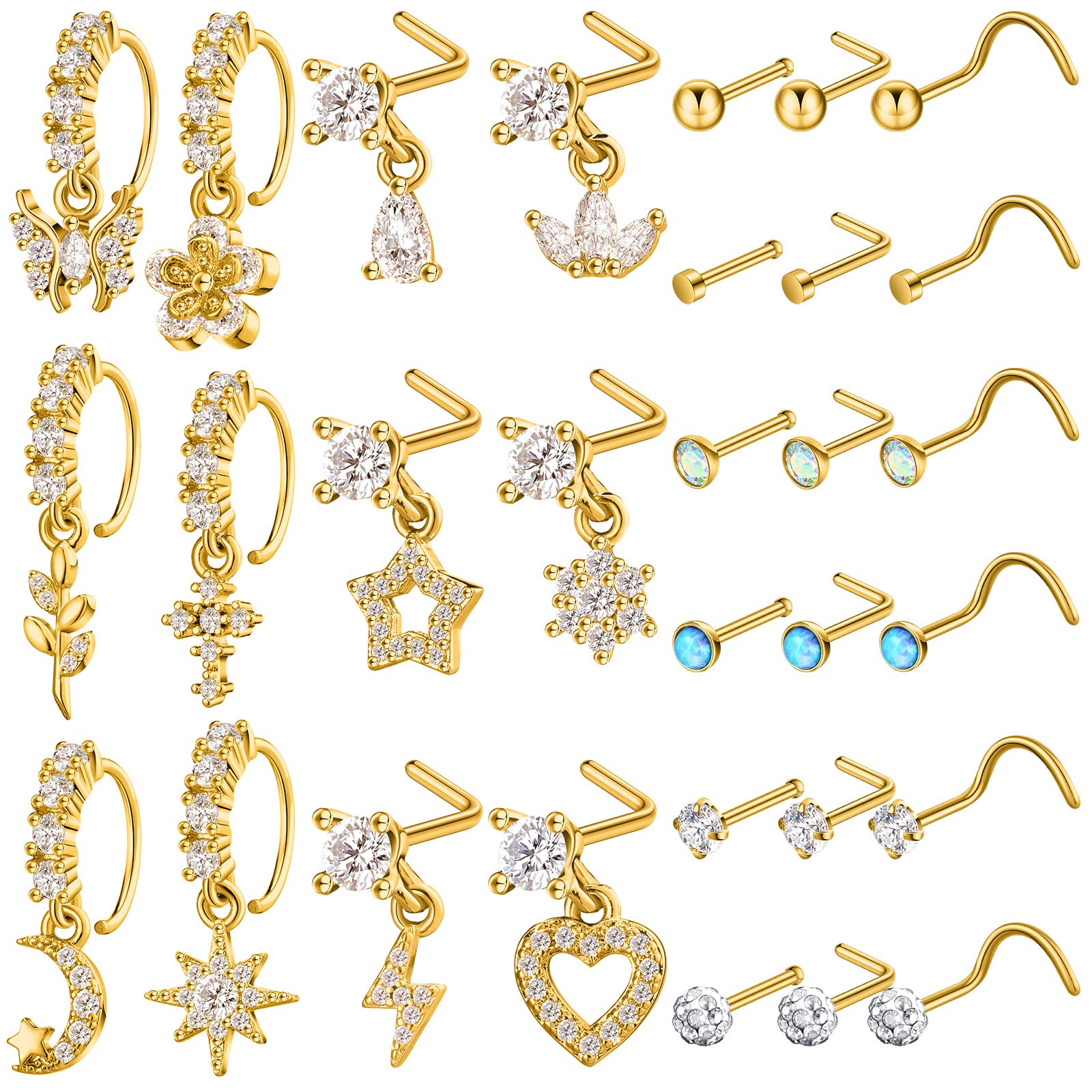 Trnayi 30 Pcs 20g Dangle Nose Rings Hoops l Shaped Dangling Nose Piercings Jewelry for Women Cute Nose Ring Stud Hoop Indian Nose Screw Surgical Steel Nose Ring with Charm(Gold)