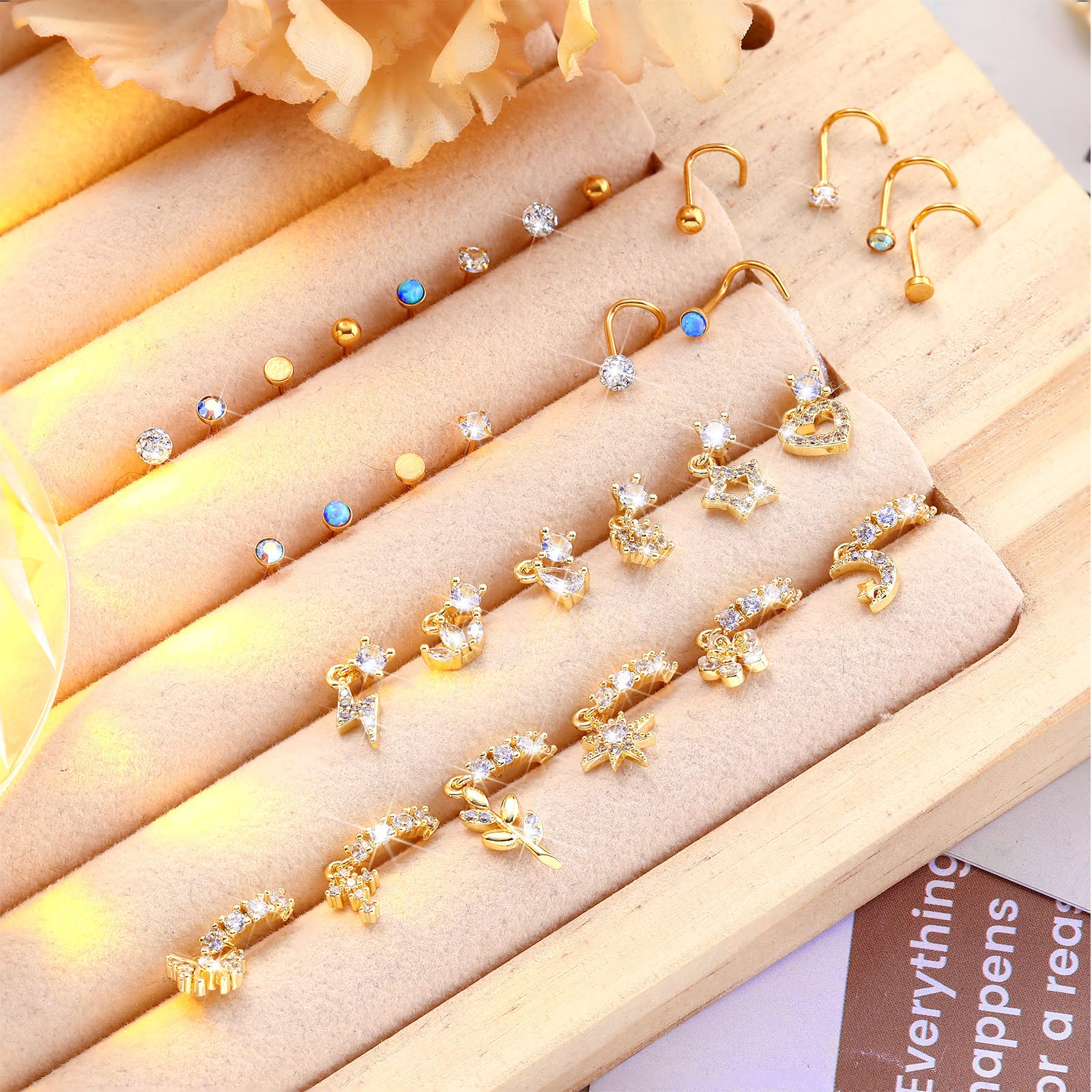 Trnayi 30 Pcs 20g Dangle Nose Rings Hoops l Shaped Dangling Nose Piercings Jewelry for Women Cute Nose Ring Stud Hoop Indian Nose Screw Surgical Steel Nose Ring with Charm(Gold)