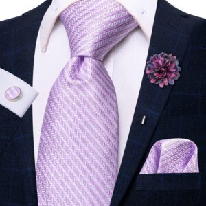 Hi-Tie Men's Wedding Tie Set And Pocket Square Jacquard Woven Silk Necktie Cufflinks With Lapel Pin For Party Prom,Lavender