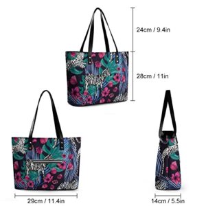 Womens Handbag Leopards Leaves Palm Flowers Pattern Leather Tote Bag Top Handle Satchel Bags For Lady