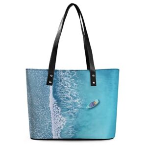 womens handbag wave and boat sea landscape leather tote bag top handle satchel bags for lady