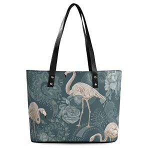 womens handbag flamingos and flowers leather tote bag top handle satchel bags for lady