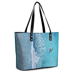 Womens Handbag Wave And Boat Sea Landscape Leather Tote Bag Top Handle Satchel Bags For Lady