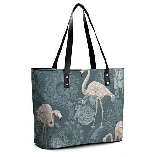 Womens Handbag Flamingos And Flowers Leather Tote Bag Top Handle Satchel Bags For Lady