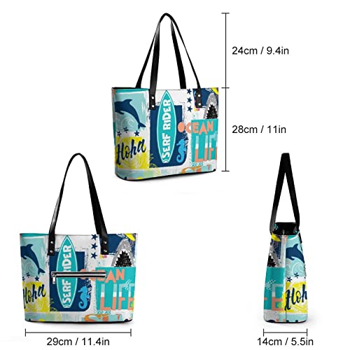 Womens Handbag Surfer Shark Dolphin Leather Tote Bag Top Handle Satchel Bags For Lady