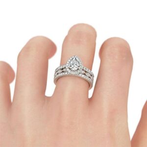 2.8 Ctw Moissanite Pear Shaped Wedding Ring Set for Women White Gold 3 Pieces Vintage Bridal Ring Set Engagement Ring Set 10K 14K 18K Gold Teardrop Bridal Set Anniversary Promise Rings for Her(18K)