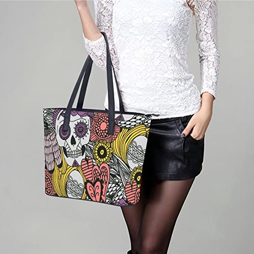 Womens Handbag Skull Floral Pattern Leather Tote Bag Top Handle Satchel Bags For Lady