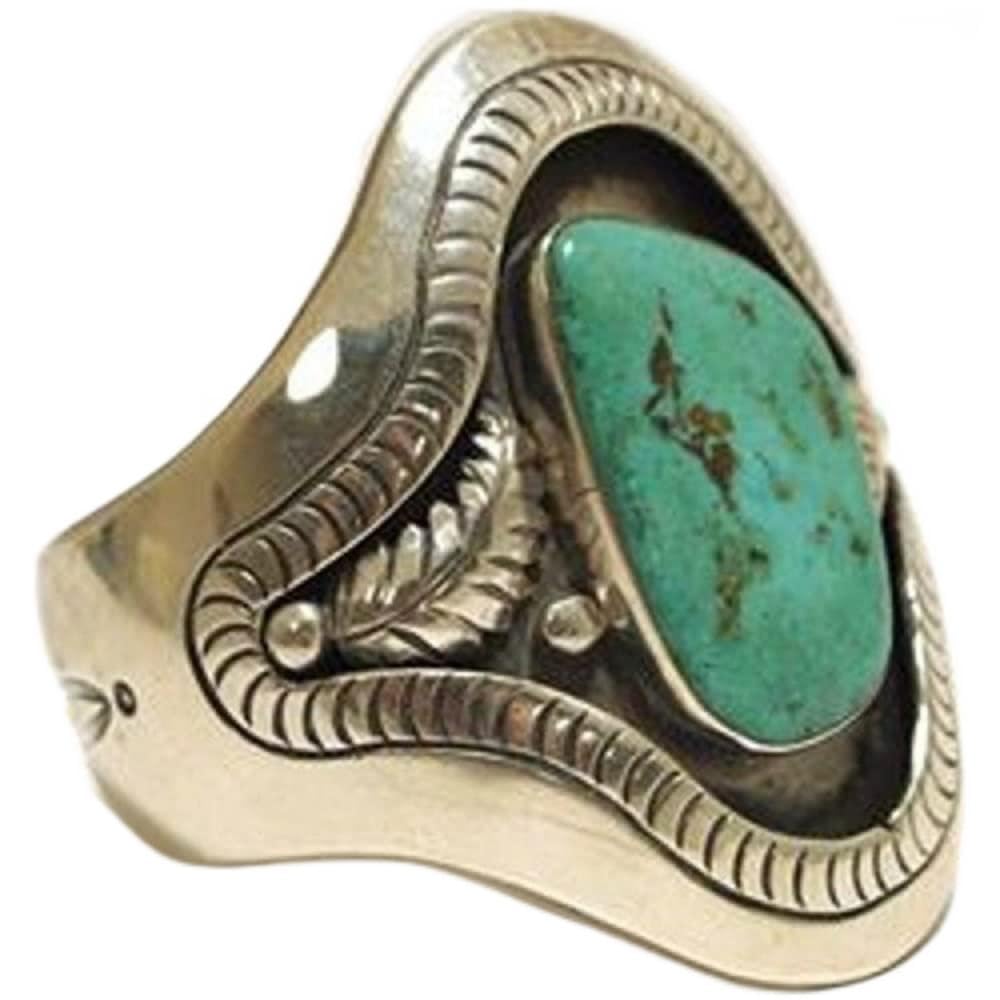 KOICCVQQ Irregular Shape Compressed Turquoise Gemstone 925 Sterling Silver Antique Vintage Style Cut Natural Bohemia Turquoise Jewelry Native-Inspired Classical Ring Sizes 6 to 10 (Size 10)