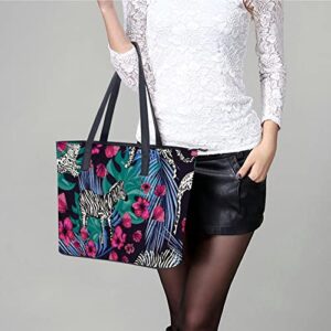 Womens Handbag Leopards Leaves Palm Flowers Pattern Leather Tote Bag Top Handle Satchel Bags For Lady