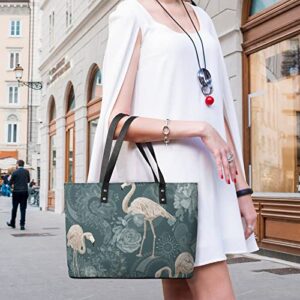 Womens Handbag Flamingos And Flowers Leather Tote Bag Top Handle Satchel Bags For Lady