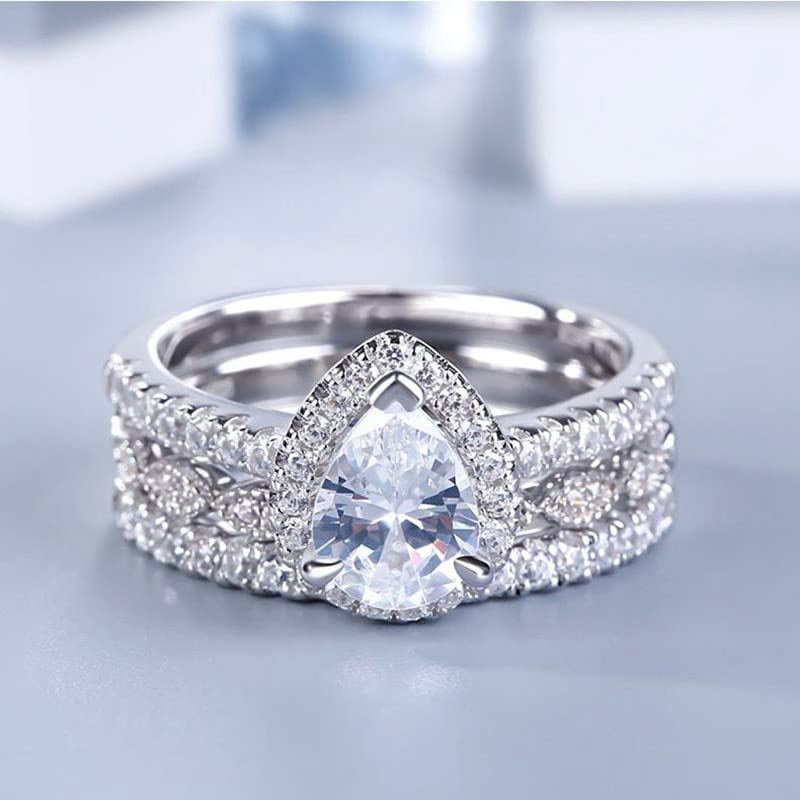 2.8 Ctw Moissanite Pear Shaped Wedding Ring Set for Women White Gold 3 Pieces Vintage Bridal Ring Set Engagement Ring Set 10K 14K 18K Gold Teardrop Bridal Set Anniversary Promise Rings for Her(18K)