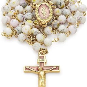 Mondo Cattolico Rosary Beads catholic for Women and Men Blessed During Pope's Angelus, Miraculous Virgin Pink Rosary with Variegated Glass on a Gold Plated Brass Chain - Perfect Catholic gifts