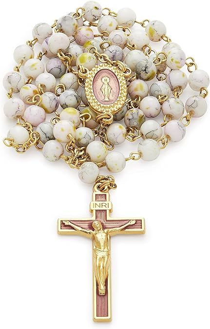 Mondo Cattolico Rosary Beads catholic for Women and Men Blessed During Pope's Angelus, Miraculous Virgin Pink Rosary with Variegated Glass on a Gold Plated Brass Chain - Perfect Catholic gifts