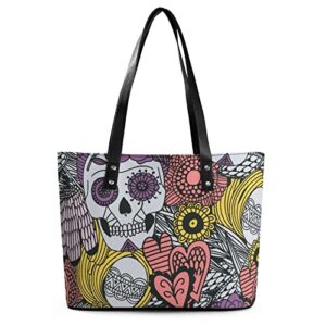 womens handbag skull floral pattern leather tote bag top handle satchel bags for lady