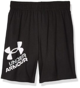 under armour kids prototype logo shorts for little, and big kids - elasticized waistband, graphic prints, and pullover style black/white 7 big kid one size