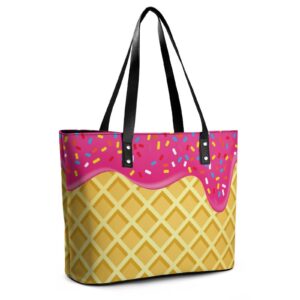 Womens Handbag Strawberry Ice Cream Print Leather Tote Bag Top Handle Satchel Bags For Lady