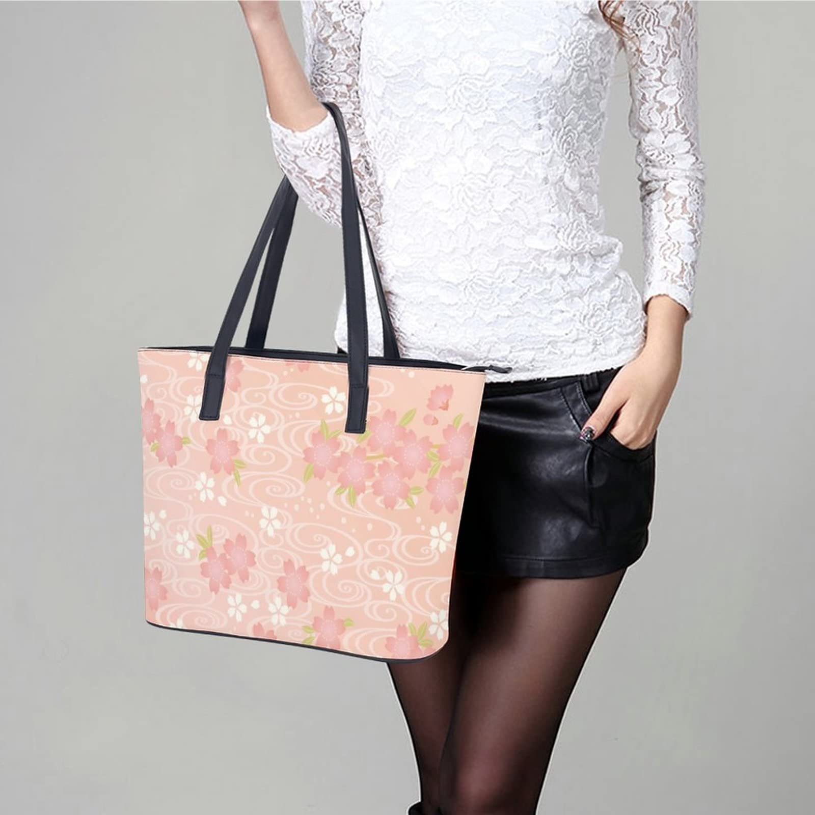 Womens Handbag Japanese Cherry Blossom Flowers Leather Tote Bag Top Handle Satchel Bags For Lady