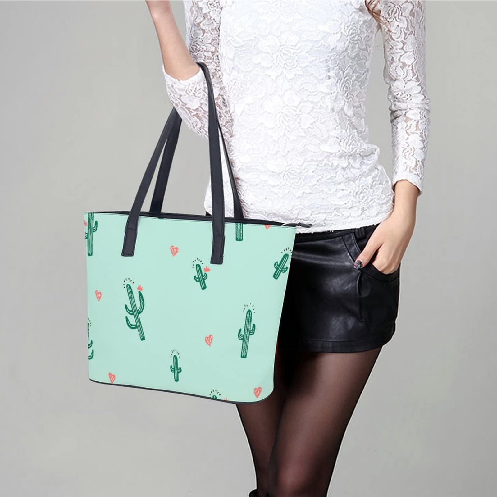 Womens Handbag Cactus Pattern Leather Tote Bag Top Handle Satchel Bags For Lady