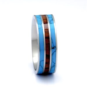 PCH Jewelers Titanium Ring with Stabilized-Turquoise and Koa Wood Inlay, 8mm Comfort Fit Wedding Band (10.5)