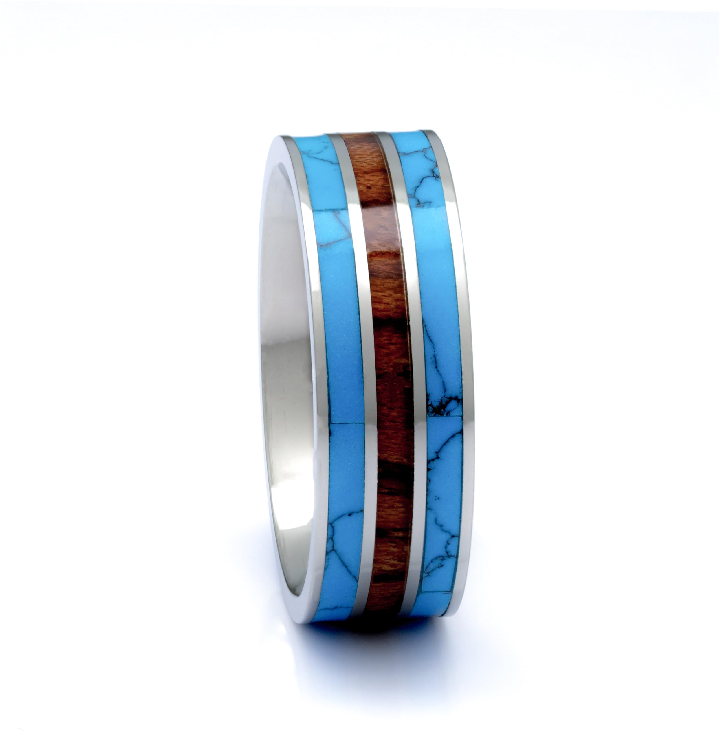 PCH Jewelers Titanium Ring with Stabilized-Turquoise and Koa Wood Inlay, 8mm Comfort Fit Wedding Band (10.5)