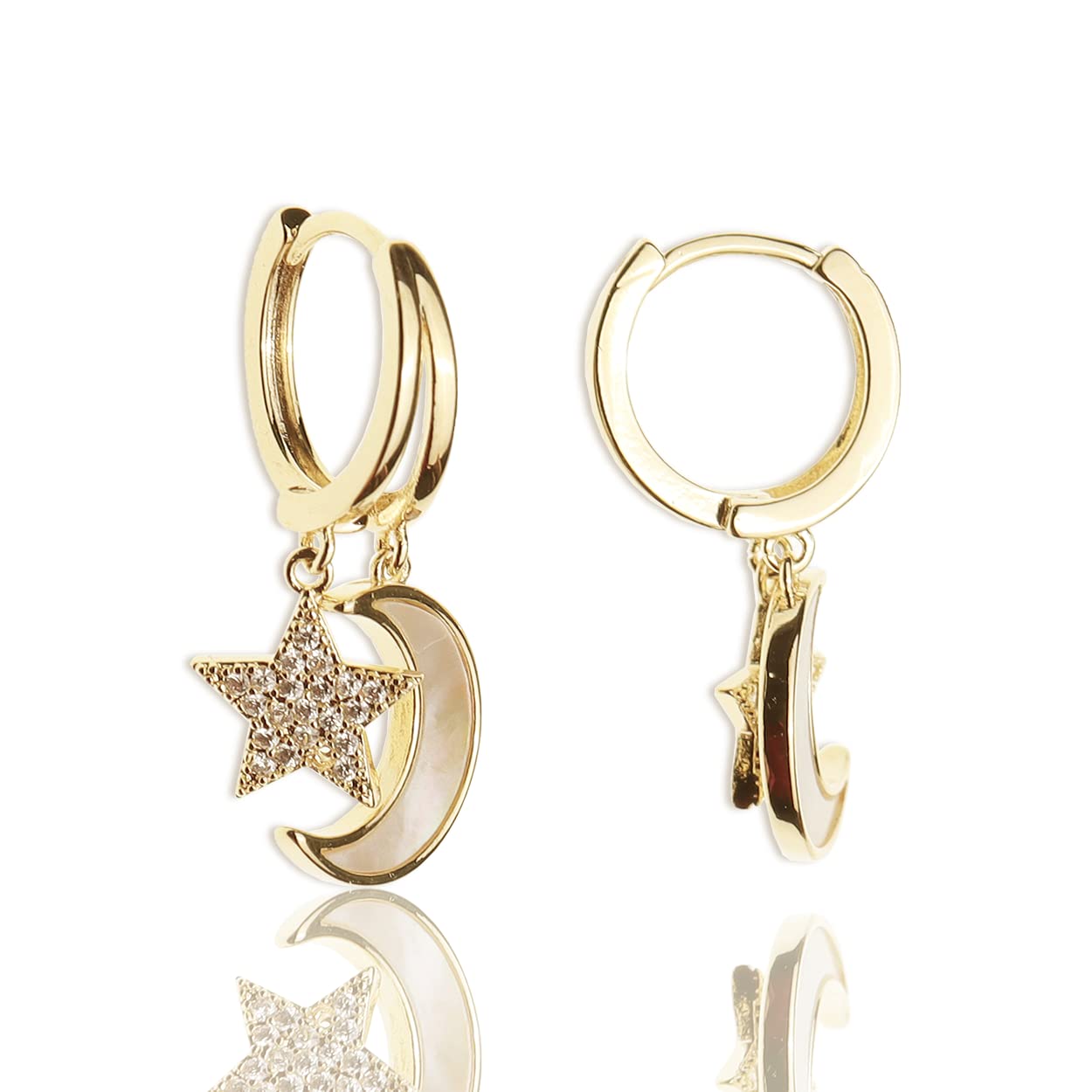 Sonateomber Gold Star Moon Drop Dangle Double Small Hoop Cartilage Midnight Earrings for Women - Cute Sparkly Cubic Zirconia Rhinestone Star Hypoallergenic Huggie Prom Wedding Jewelry Gift