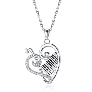 acjna 925 sterling silver heart pendant piano keyboard necklace music jewelry for women(with music note)