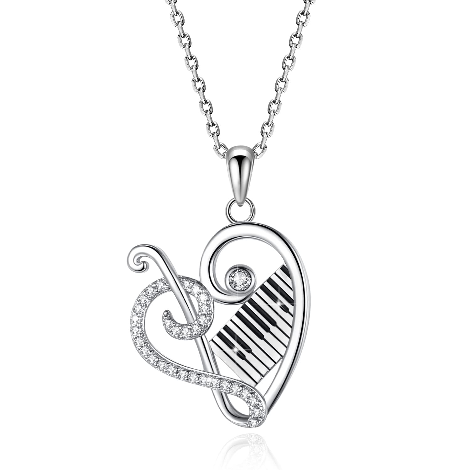 ACJNA 925 Sterling Silver Heart Pendant Piano Keyboard Necklace Music Jewelry for Women(With music note)