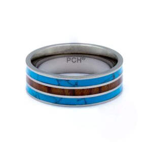 PCH Jewelers Titanium Ring with Stabilized-Turquoise and Koa Wood Inlay, 8mm Comfort Fit Wedding Band (10.5)