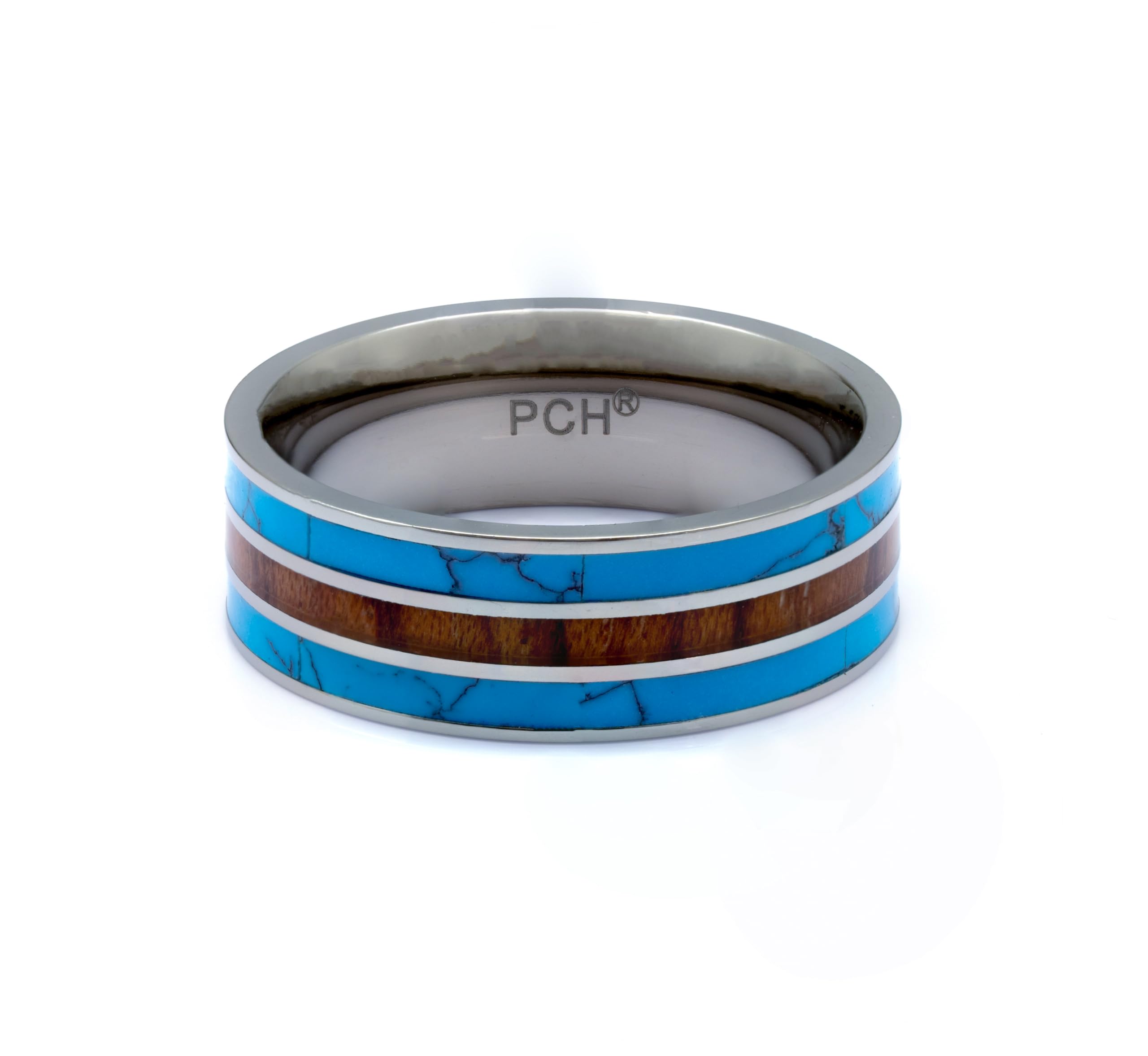 PCH Jewelers Titanium Ring with Stabilized-Turquoise and Koa Wood Inlay, 8mm Comfort Fit Wedding Band (10.5)