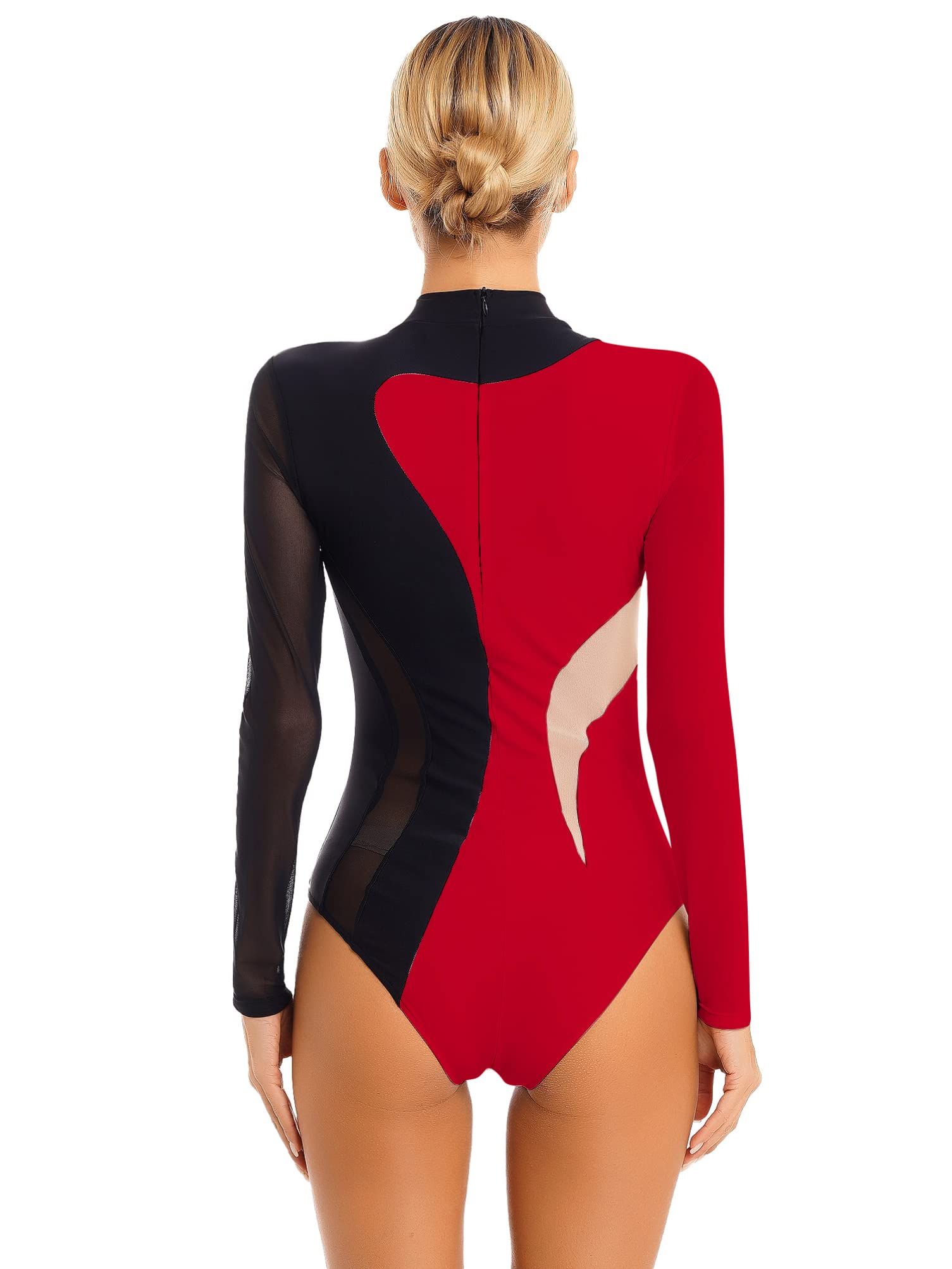 Aislor Women's Rhinestone Figure Skating Costume Sheer Mesh Long Sleeve Ballet Dance Gymnastics Leotard Black&Red Medium