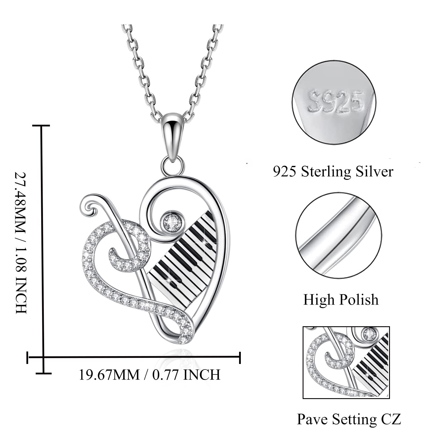 ACJNA 925 Sterling Silver Heart Pendant Piano Keyboard Necklace Music Jewelry for Women(With music note)