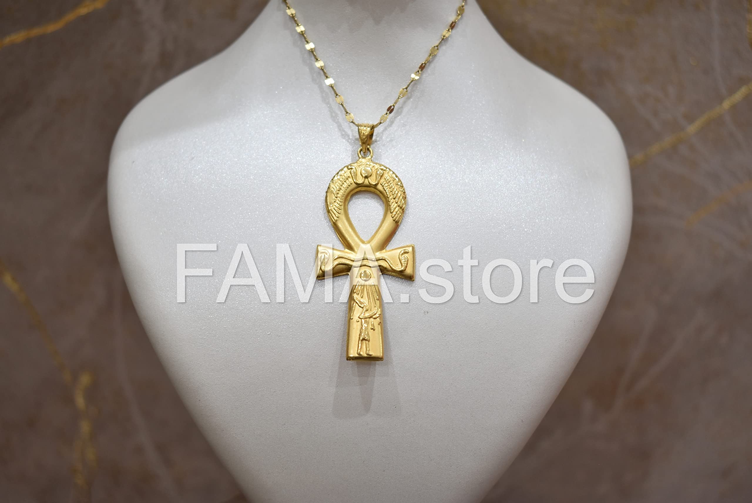 FAMA.store Egyptian Jewelry Ankh Cross Key of Life 18K Solid Yellow Gold necklas Pendant #6 (Large)