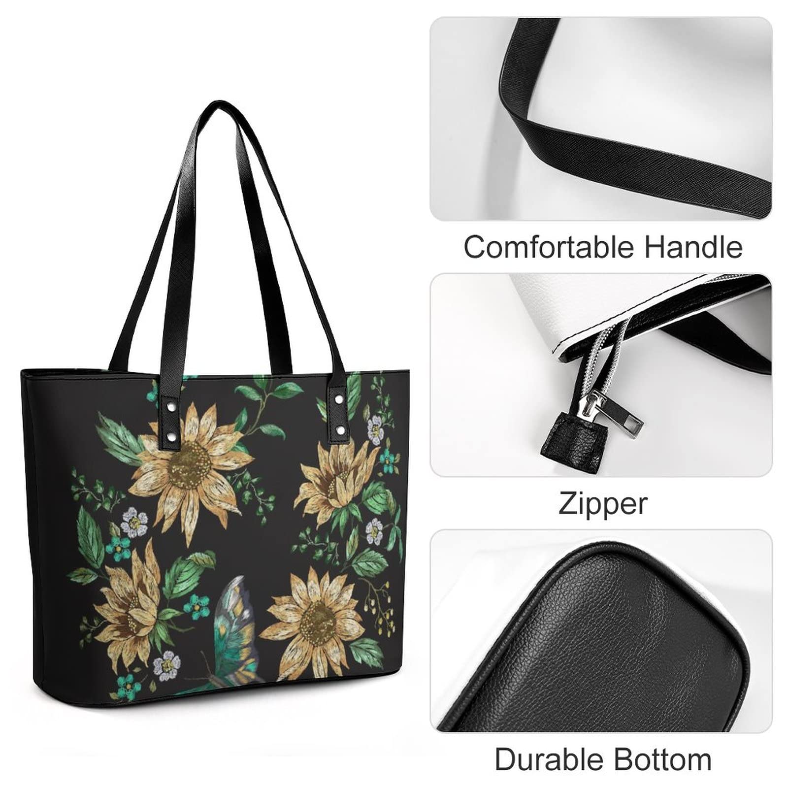 Womens Handbag Sunflowers Amd Butterfly Leather Tote Bag Top Handle Satchel Bags For Lady