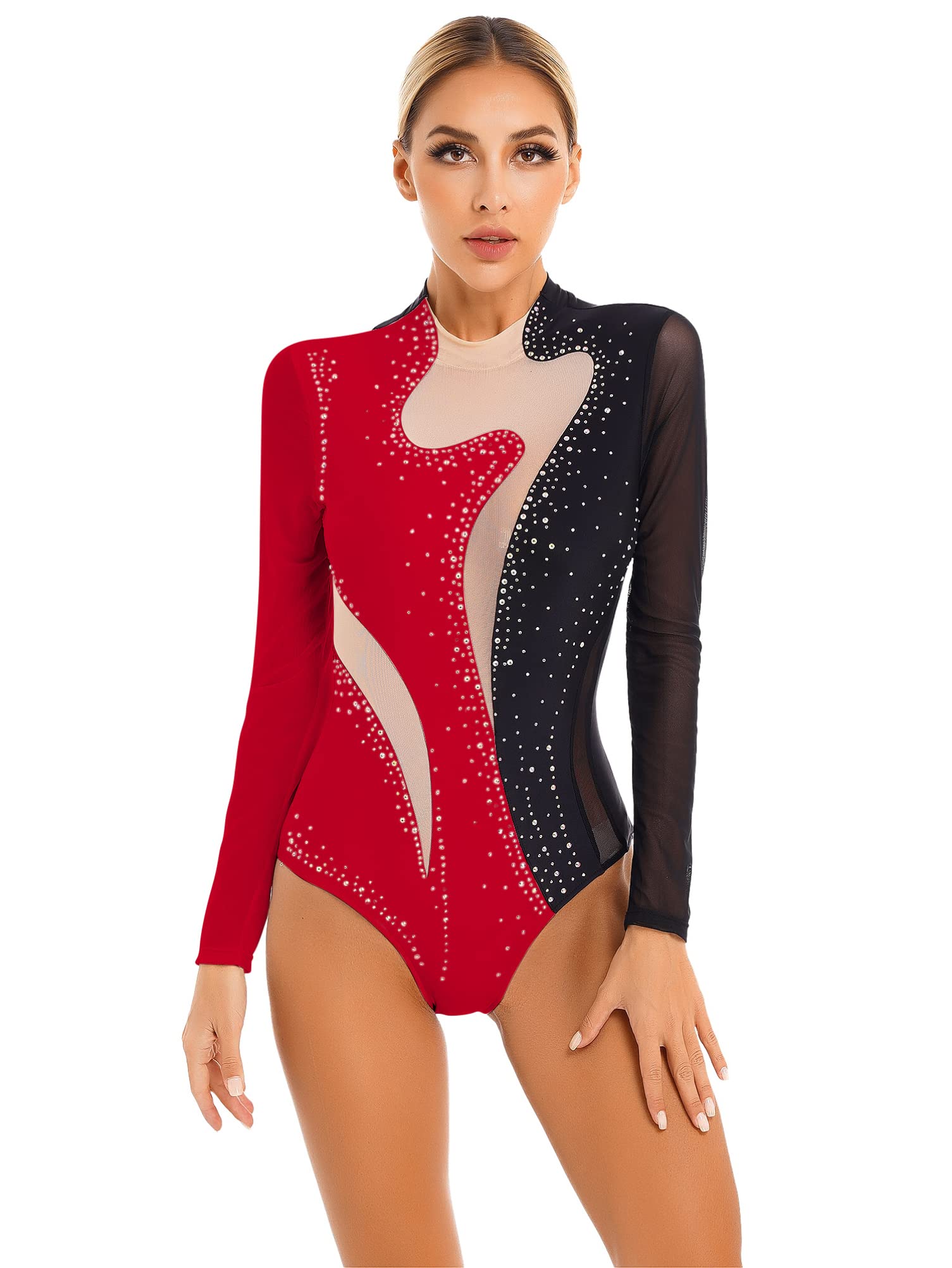 Aislor Women's Rhinestone Figure Skating Costume Sheer Mesh Long Sleeve Ballet Dance Gymnastics Leotard Black&Red Medium