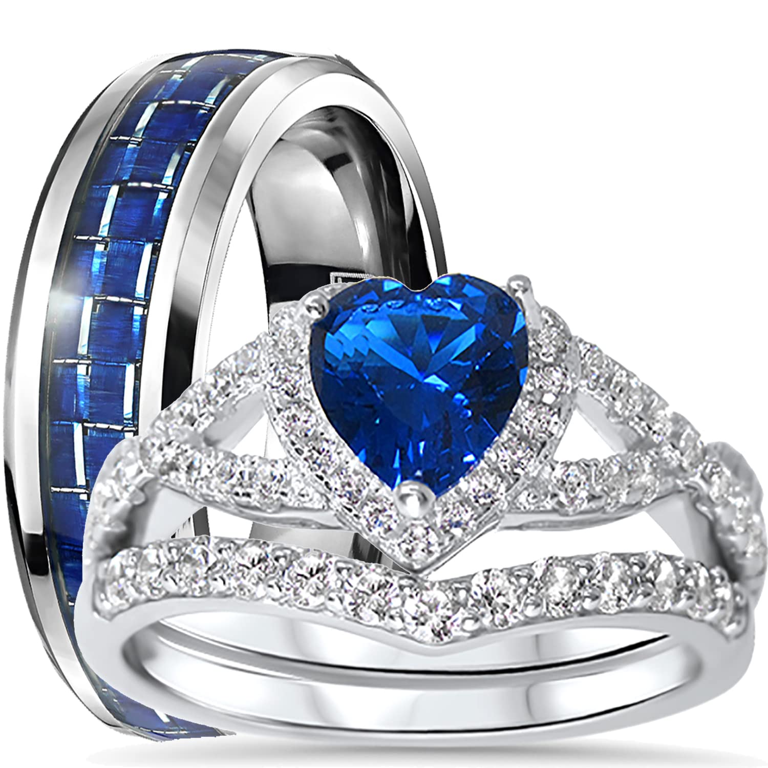 LaRaso & Co His Hers Trio Wedding Set Sterling Silver Blue Sapphire CZ Bridal Band Engagement Couples Rings Him Her Thin Blue Line