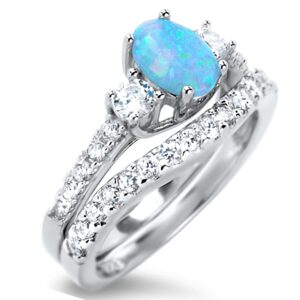 LaRaso & Co His Hers Sterling Silver TRIO Wedding Set Blue Opal White Topaz Gemstone Bridal Rings Him Her 9/9