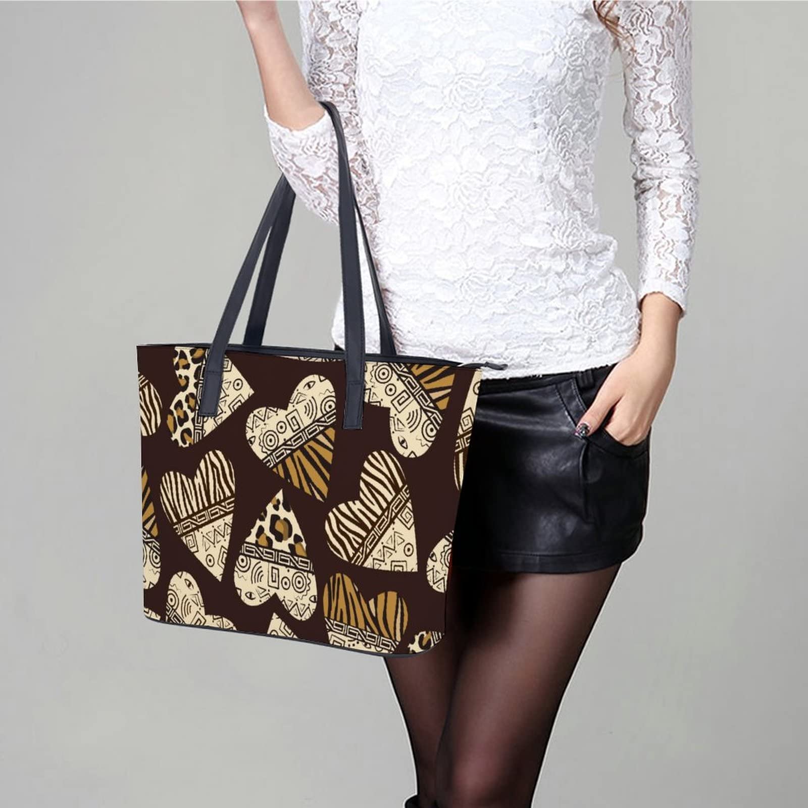 Womens Handbag Animal Skin Hearts Pattern Leather Tote Bag Top Handle Satchel Bags For Lady