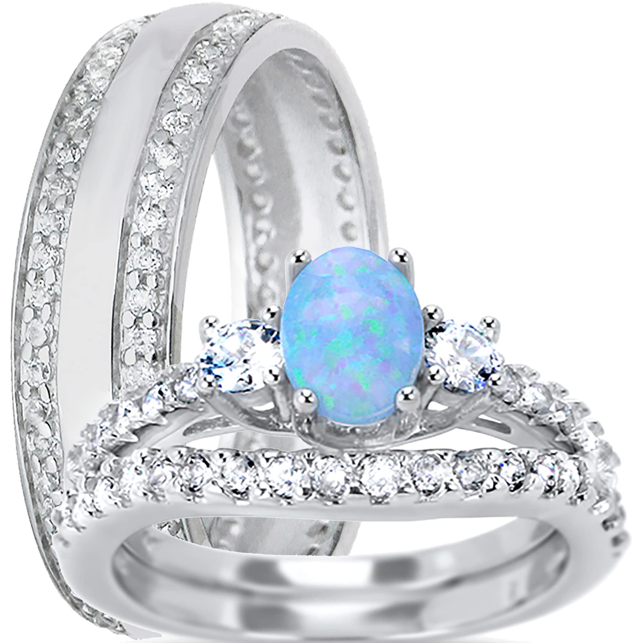 LaRaso & Co His Hers Sterling Silver TRIO Wedding Set Blue Opal White Topaz Gemstone Bridal Rings Him Her 9/9