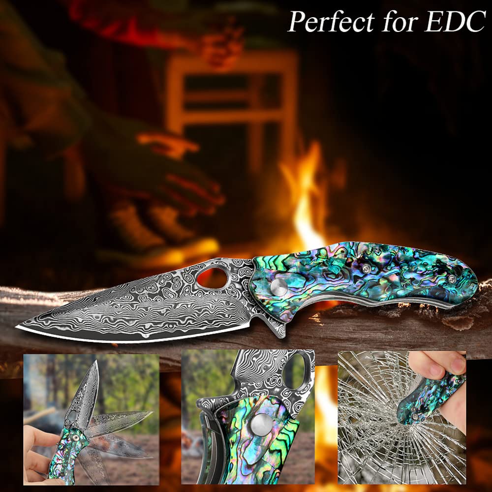 Benkey VG10 Damascus Abalone Seashells Pocket Knife and VG10 Damascus Natural Wood Pocket Knife Bundles