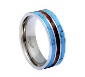 pch jewelers titanium ring with stabilized-turquoise and koa wood inlay, 8mm comfort fit wedding band (10.5)