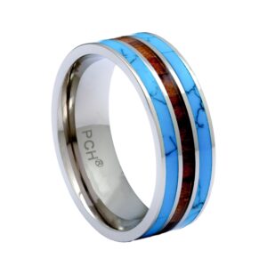 PCH Jewelers Titanium Ring with Stabilized-Turquoise and Koa Wood Inlay, 8mm Comfort Fit Wedding Band (10.5)