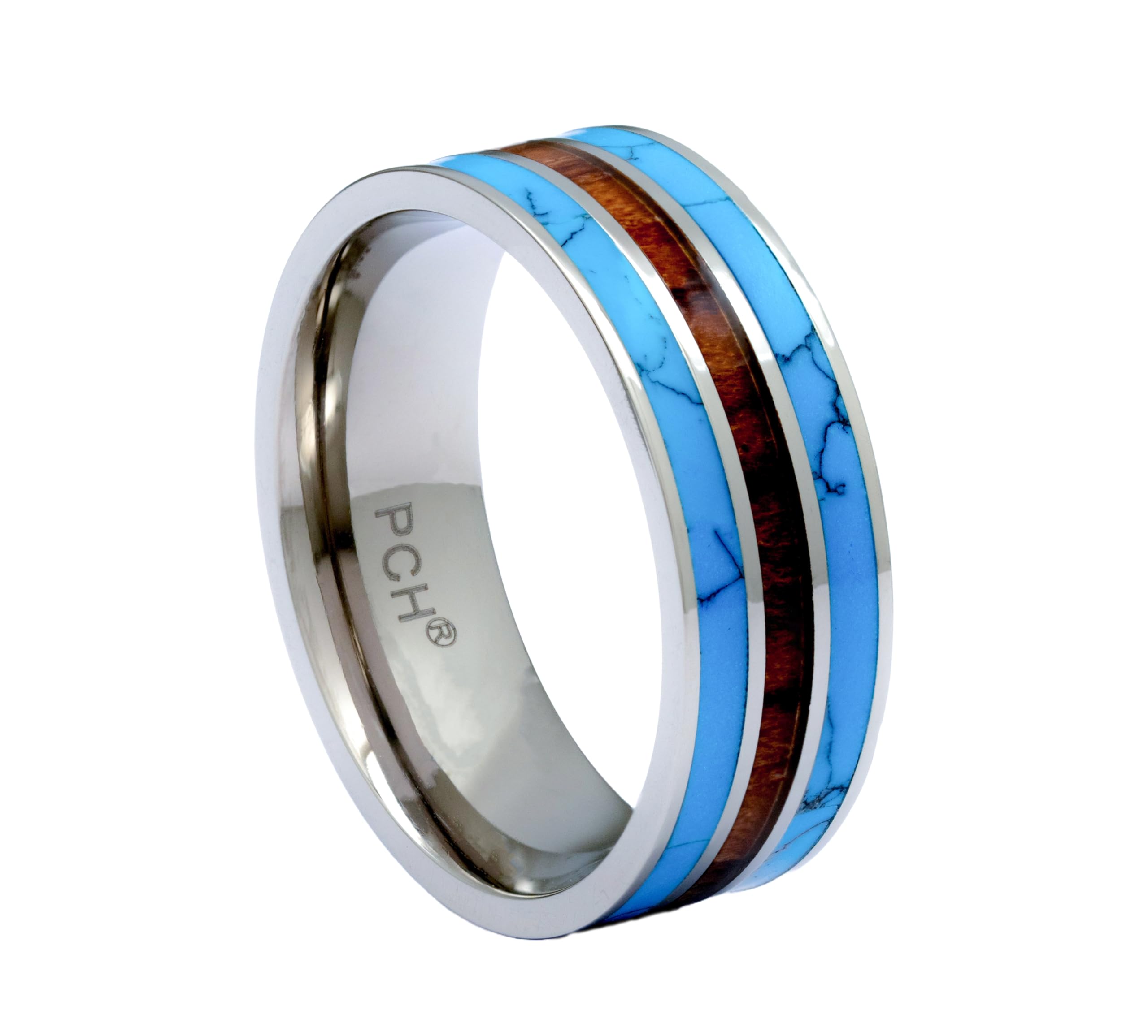 PCH Jewelers Titanium Ring with Stabilized-Turquoise and Koa Wood Inlay, 8mm Comfort Fit Wedding Band (10.5)