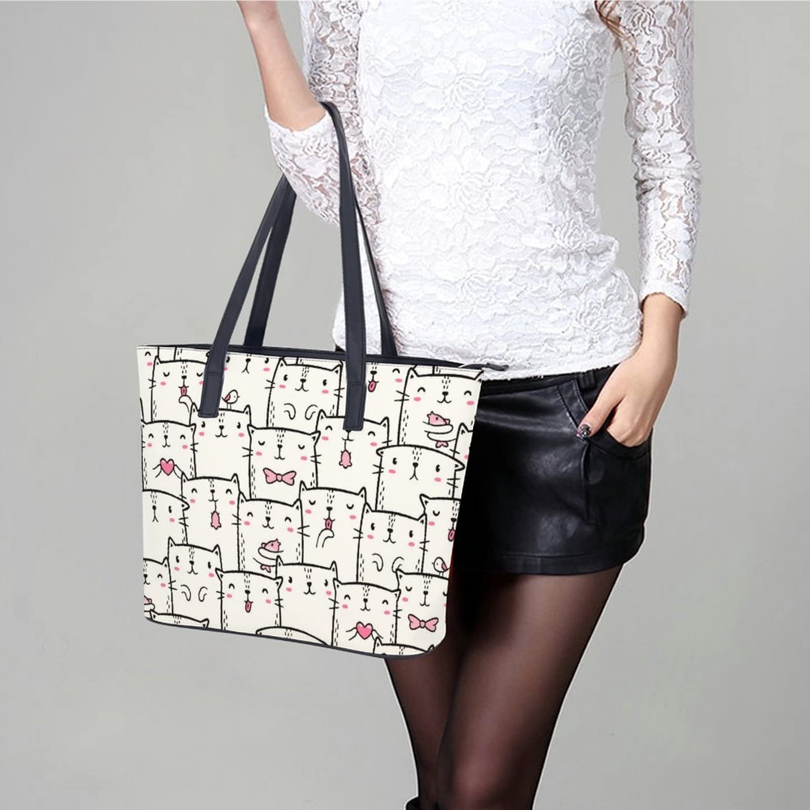 Womens Handbag Cats Doodles Pattern Leather Tote Bag Top Handle Satchel Bags For Lady