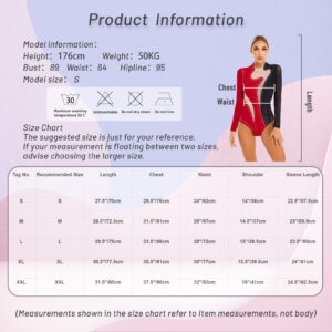 Aislor Women's Rhinestone Figure Skating Costume Sheer Mesh Long Sleeve Ballet Dance Gymnastics Leotard Black&Red Medium