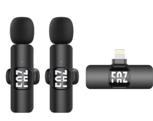 fazfactory wireless lavalier mini microphone for iphone - 2 wireless microphones - clip on plug and play - auto sync - no app required - premium noise cancelling - crisp and sharp recording