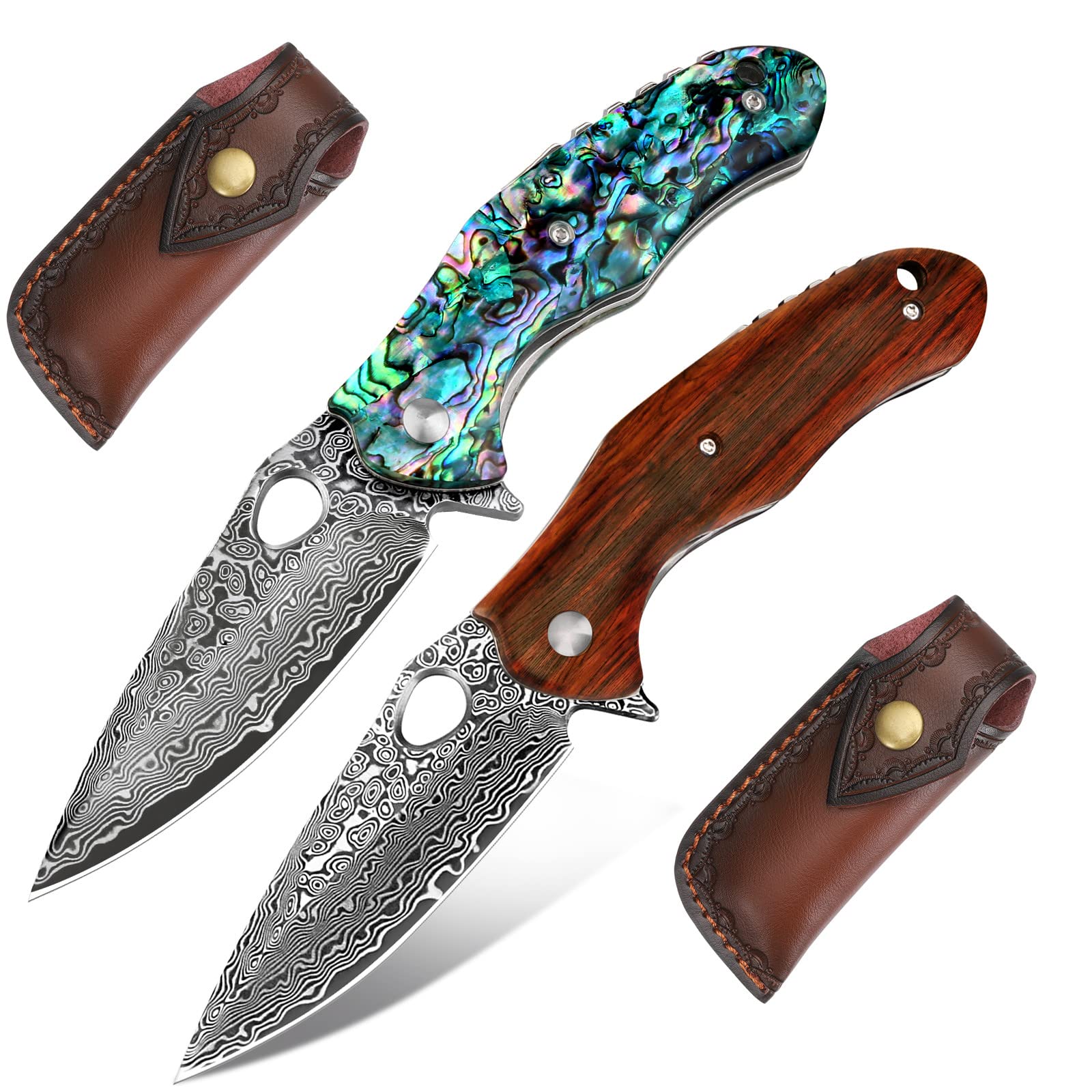 Benkey VG10 Damascus Abalone Seashells Pocket Knife and VG10 Damascus Natural Wood Pocket Knife Bundles